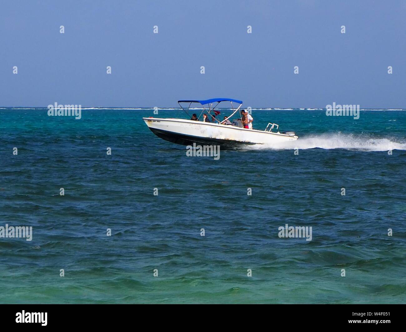 Fast speed boat on the ocean or sea in the carabbean. Belize near ...