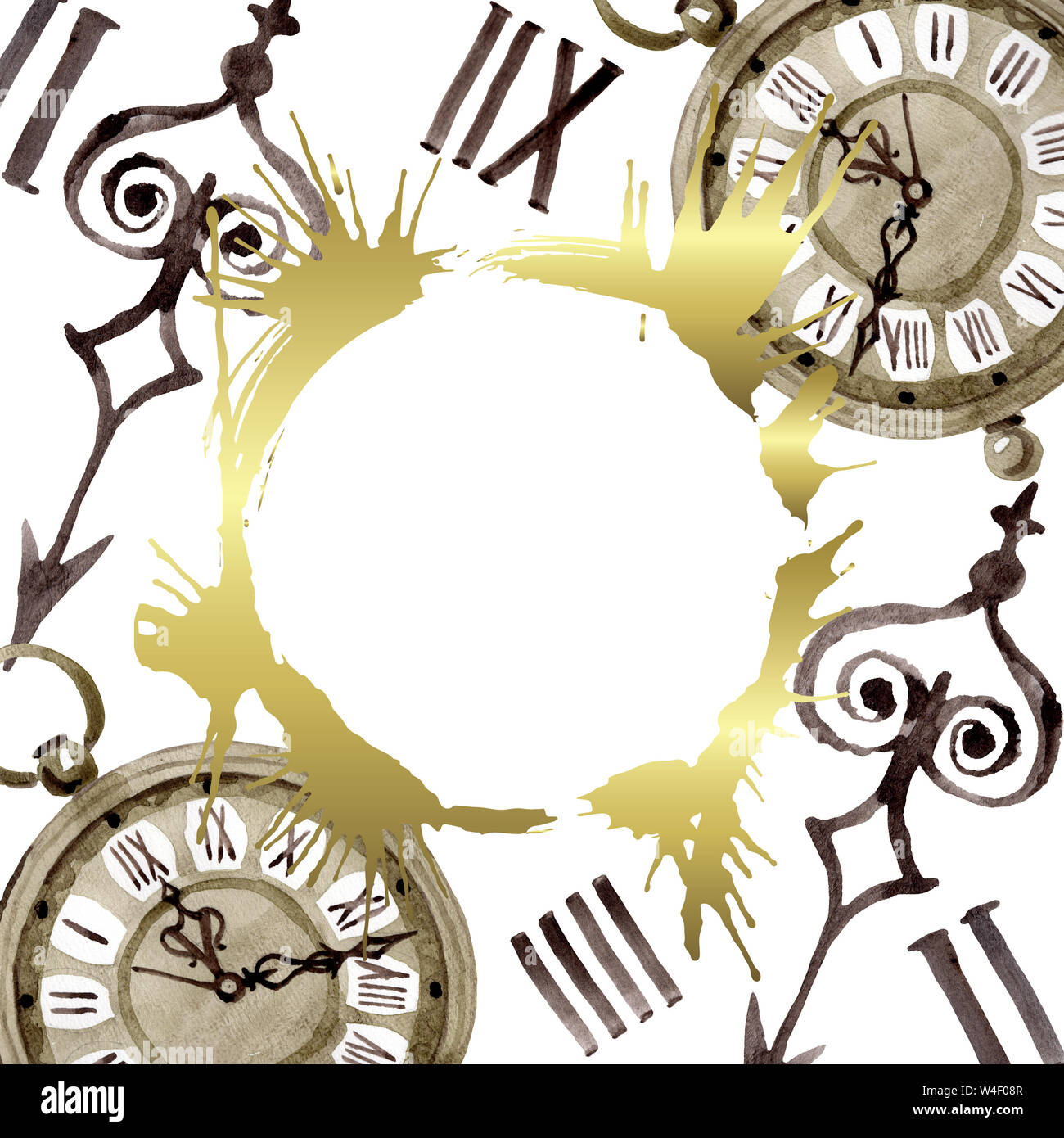 Vintage old clock pocket watch. Watercolor background illustration set ...