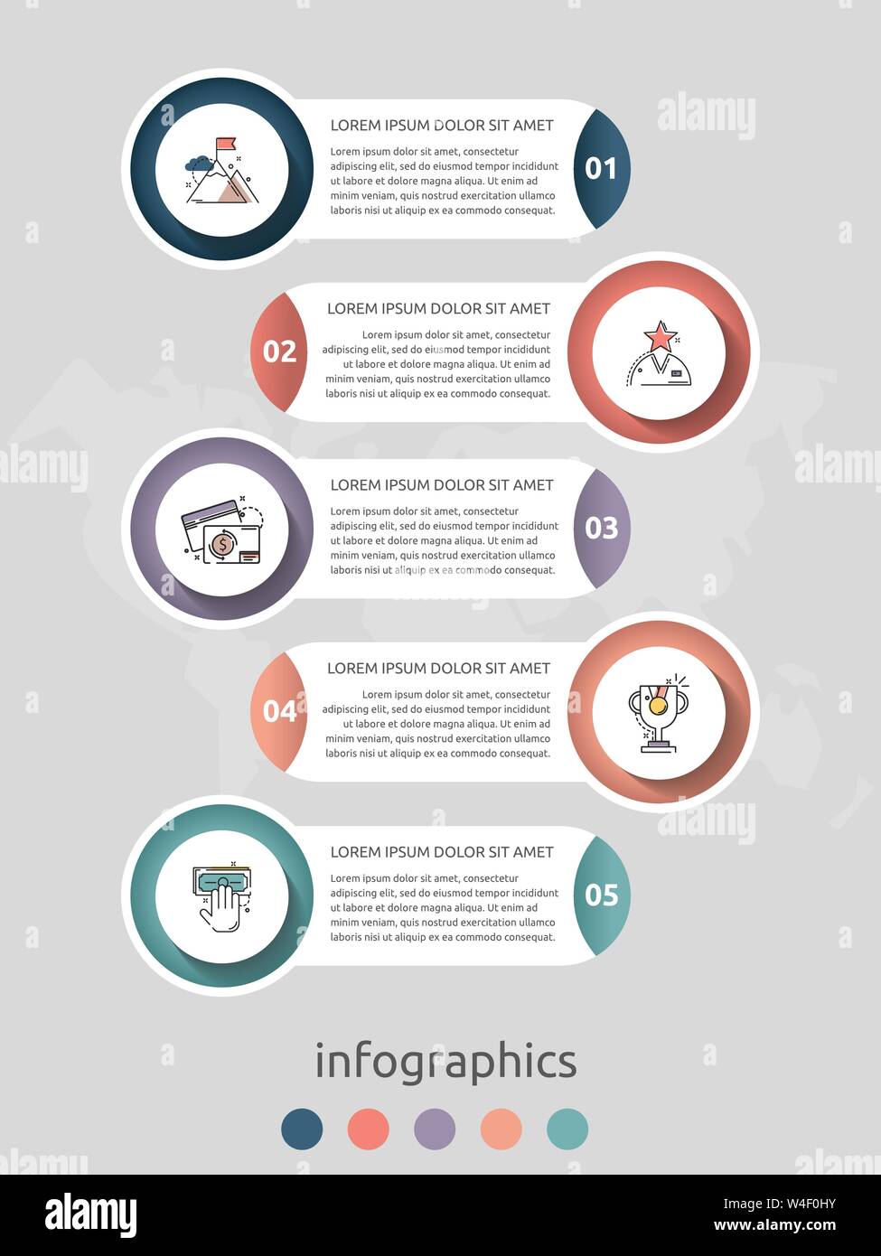 Vector infographic flat template circles for five label, diagram, graph, presentation. Business ...