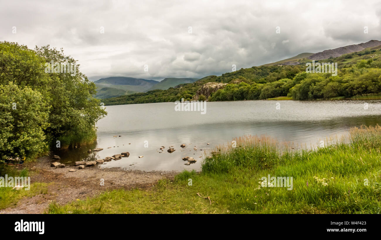 A scenic view of Padarn Country Park, Llanberis, North Wales showing ...