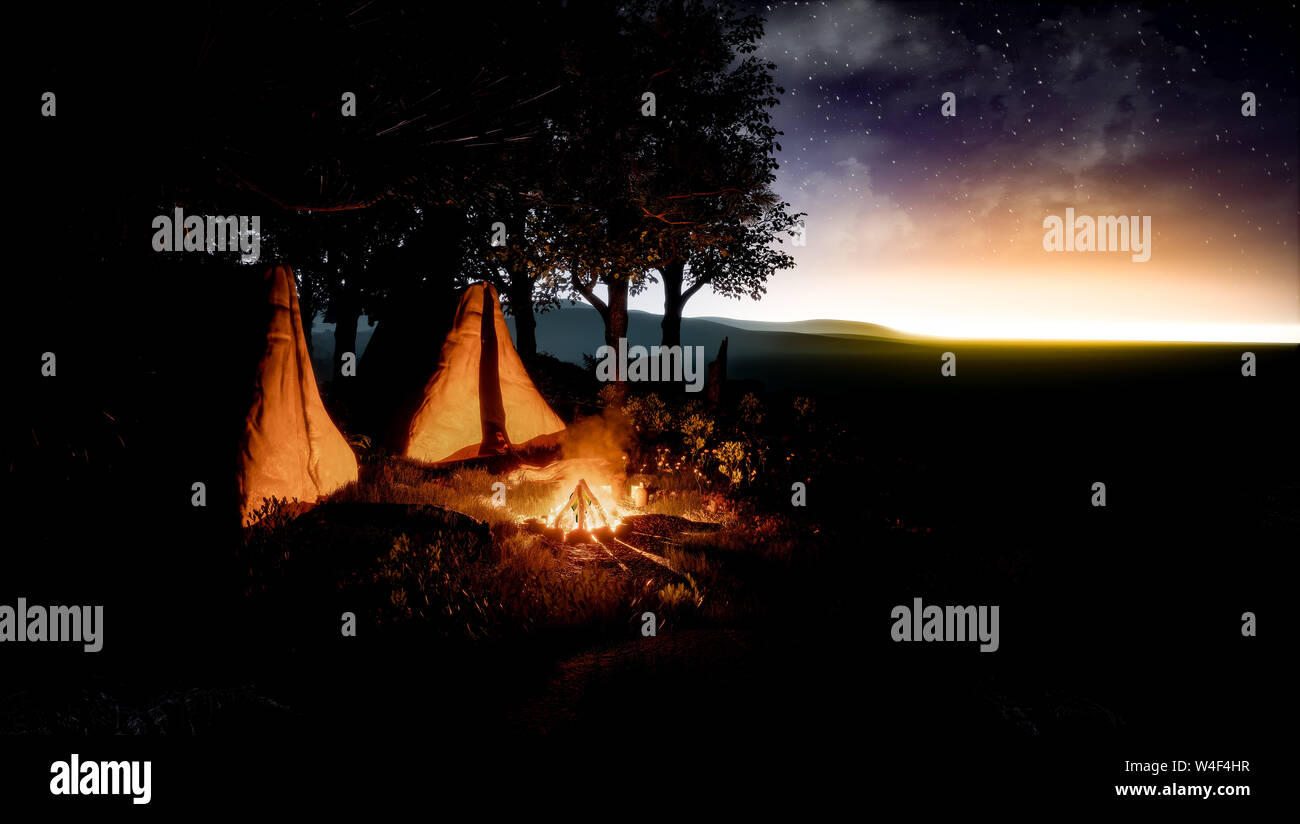 Campfire scene and sunrise Stock Photo - Alamy