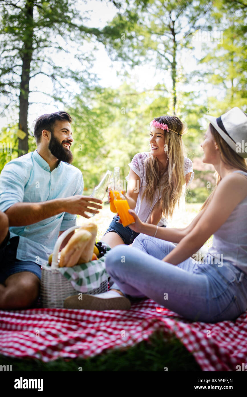 Group of friends having great time on picnic in nature Stock Photo - Alamy