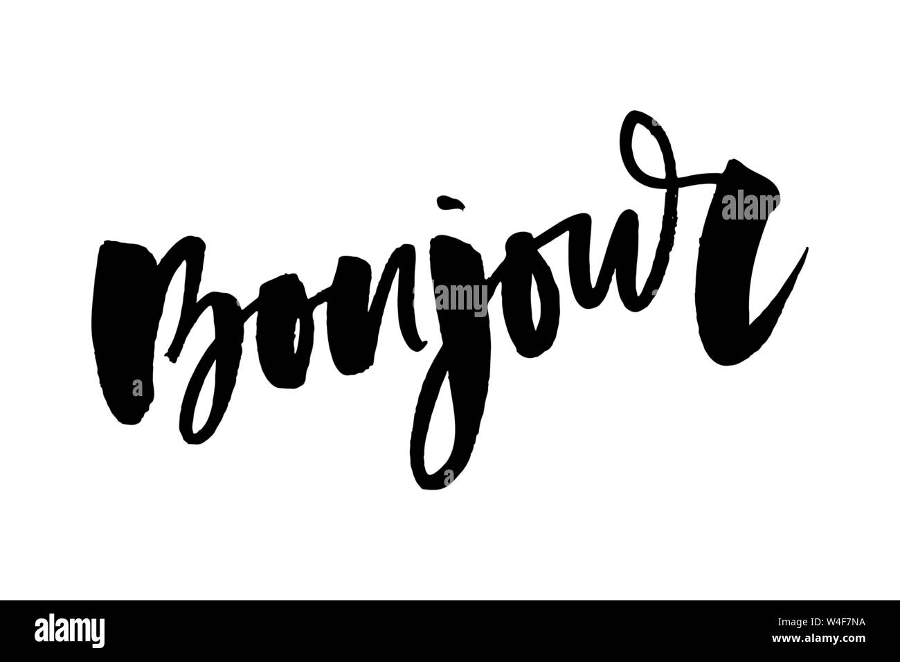 Vector poster calligraphy with Bonjour translation: Hello phrase ...