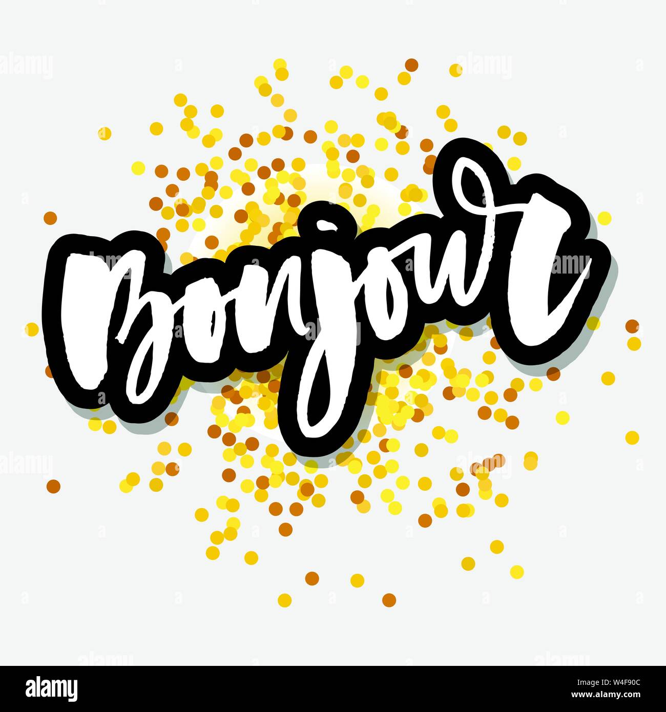 Vector poster calligraphy with Bonjour translation: Hello phrase ...