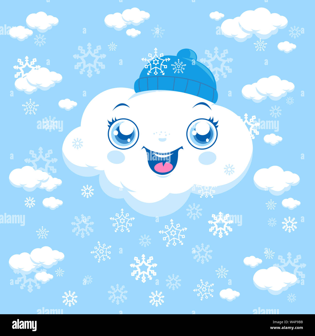 Cute clouds snowing at the winter cold weather sky. Blue winter season ...