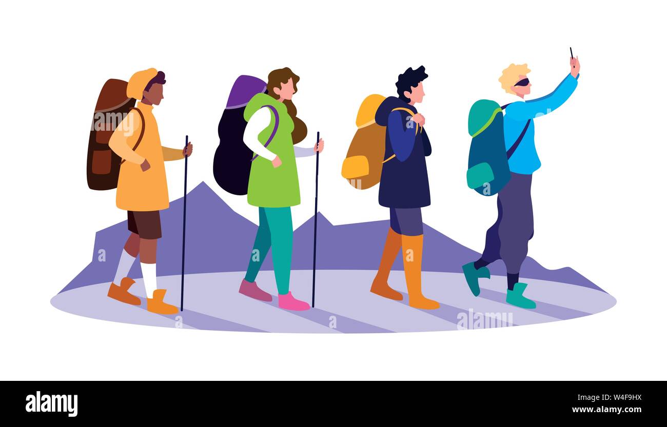 young group people with backpack hiking vector illustration Stock ...