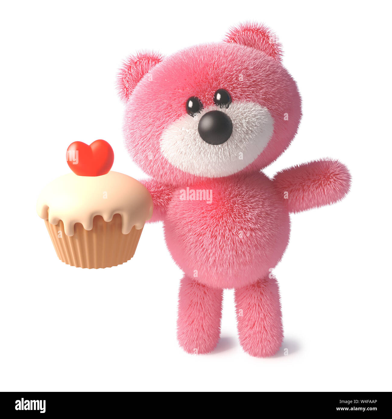 Funny soft pink fluffy teddy bear character eating a delicious cupcake ...