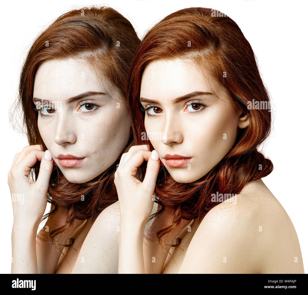 Comparison portrait of young woman before and after retouch Stock Photo ...