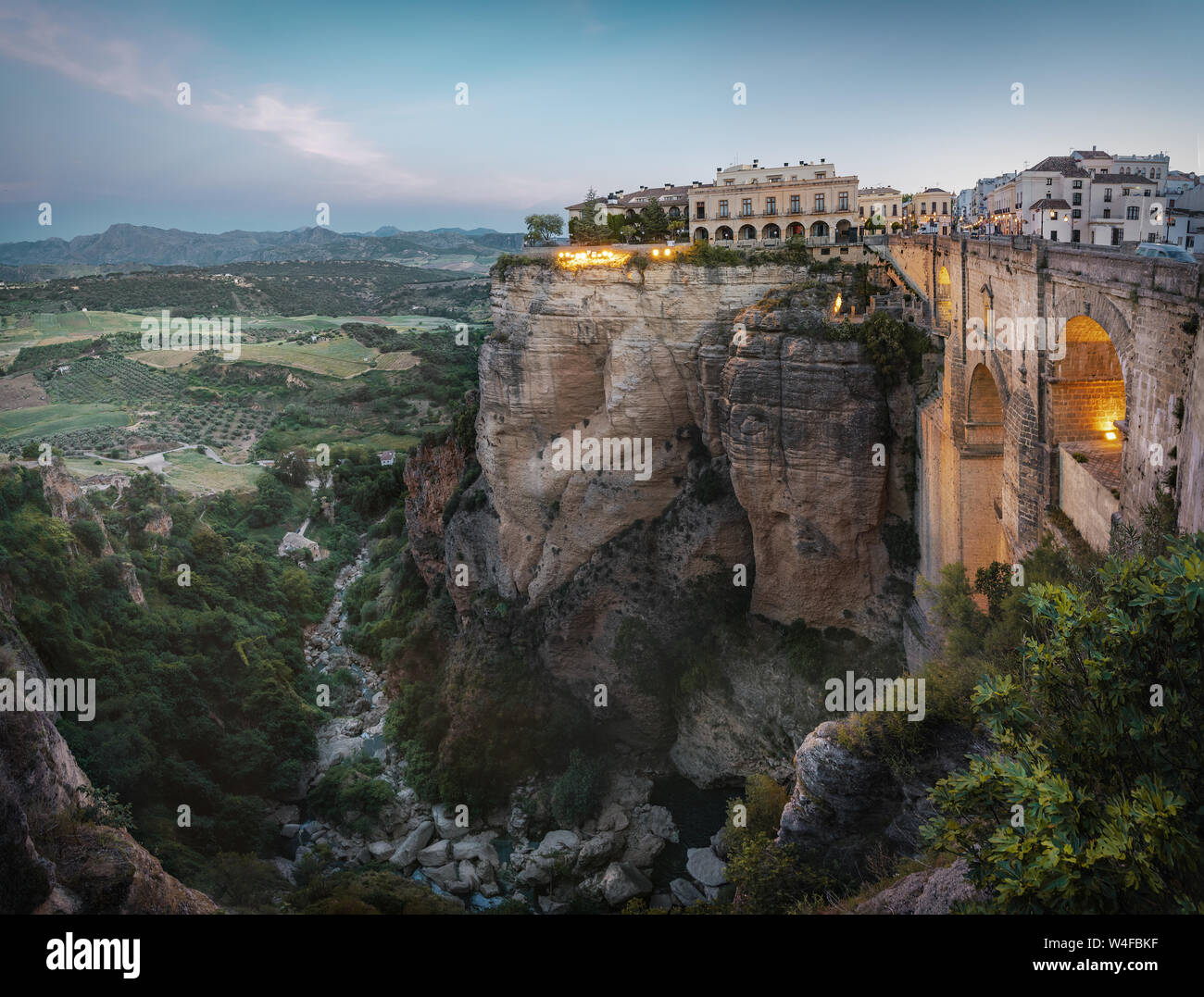 Aerial view of Tajo Gorge and Ronda Puente Nuevo Bridge at sunrise ...
