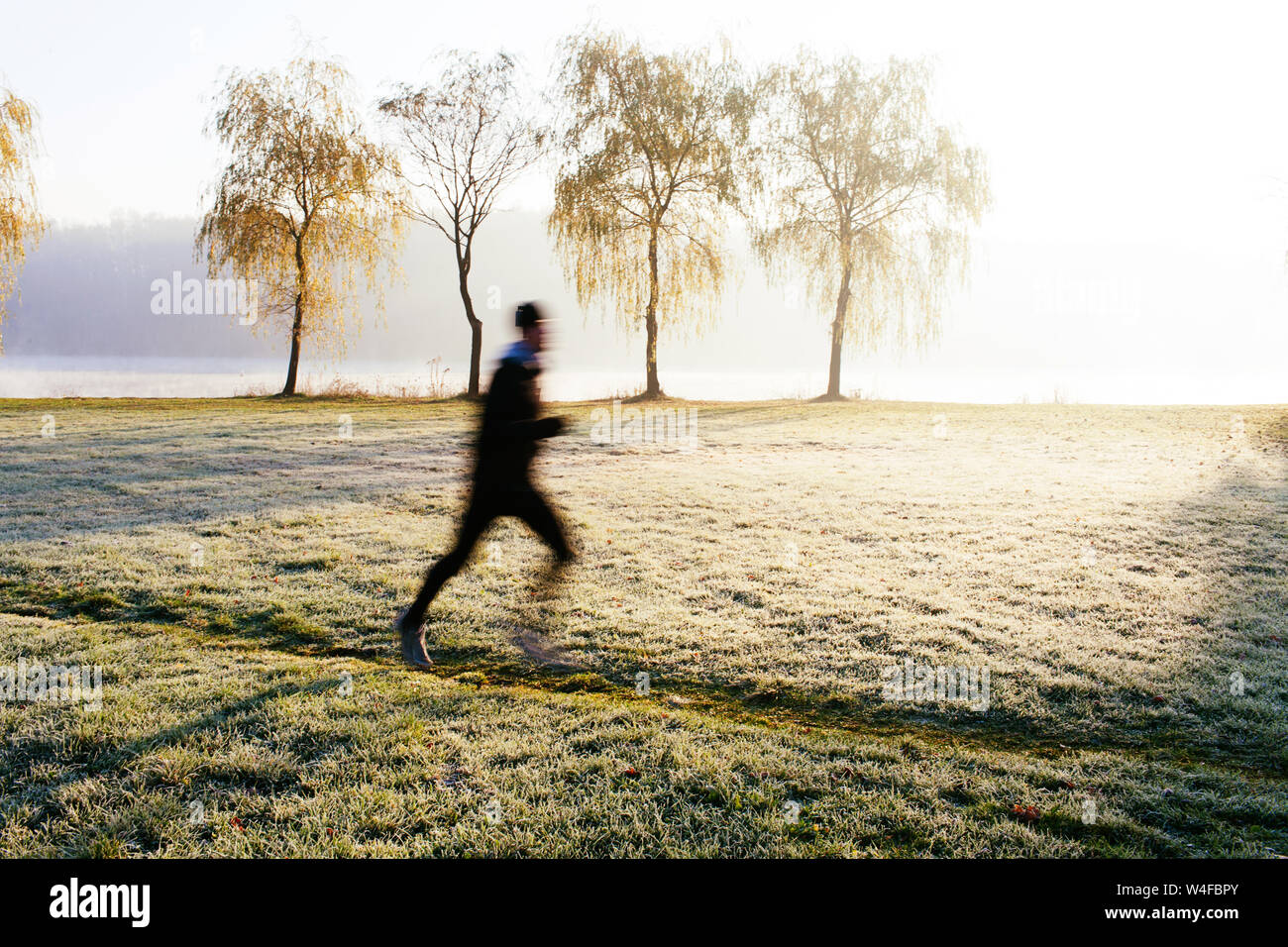 Shadow of athlete running at cold morning. Healthy lifestyle concept ...