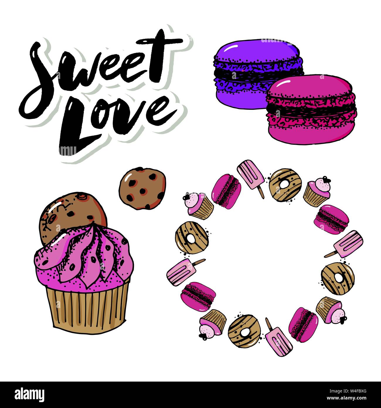 Vector set confectionery and sweets icons. Dessert, lollipop, ice cream ...