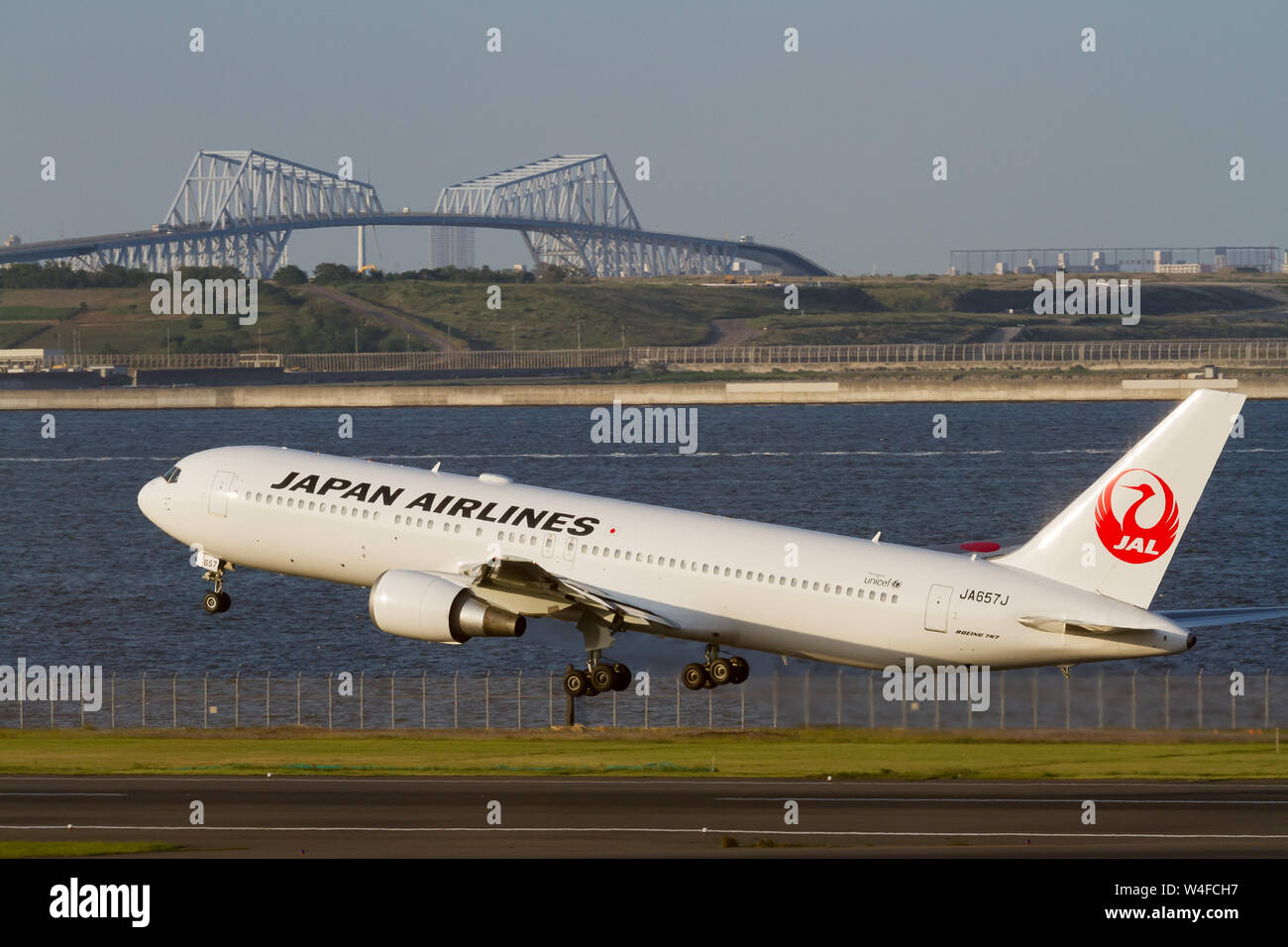 A Japan Airlines (JAL) Boeing 767-346(ER) takes off from Haneda Airport ...