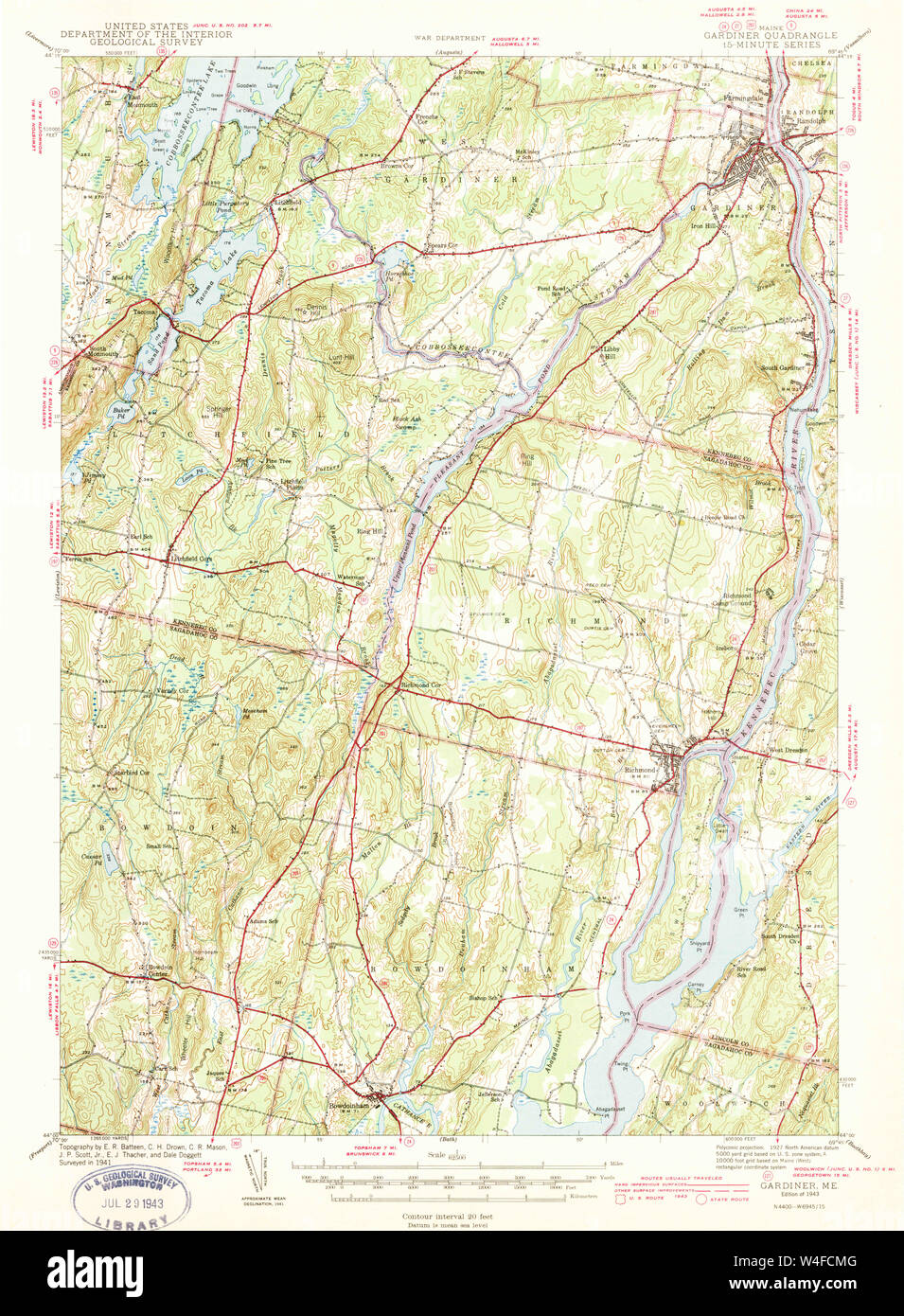 Maine USGS Historical Map Gardiner 460427 1943 62500 Restoration Stock ...