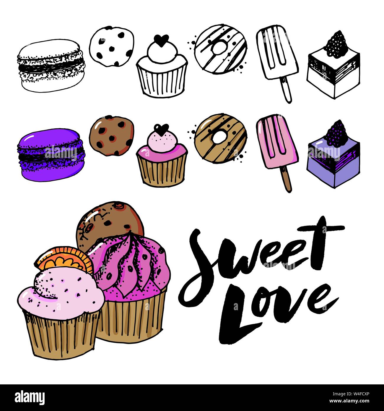 Vector set confectionery and sweets icons. Dessert, lollipop, ice cream ...