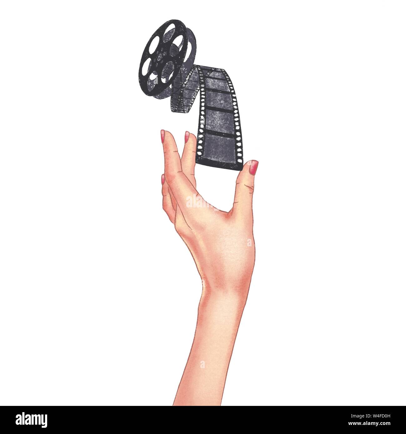 Drawn woman's hand holding film strip on a white background. Front view ...