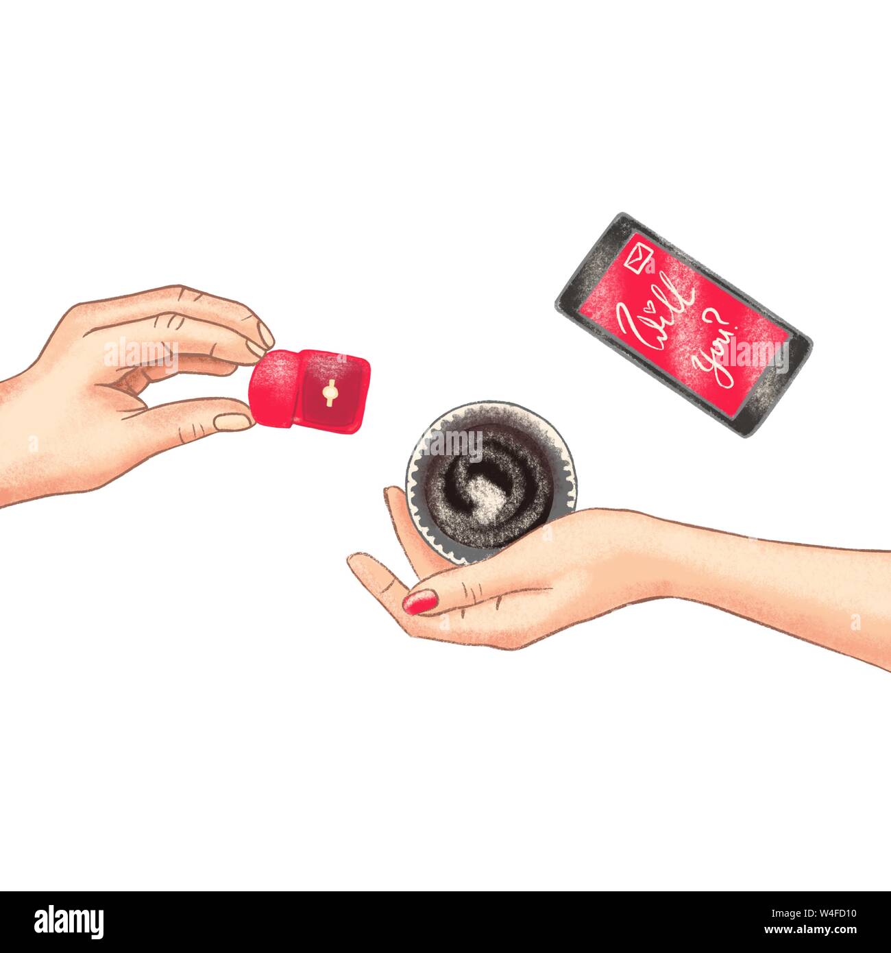 Romantic proposal, wedding or Valentine's Day scene. Drawn man's hand ...