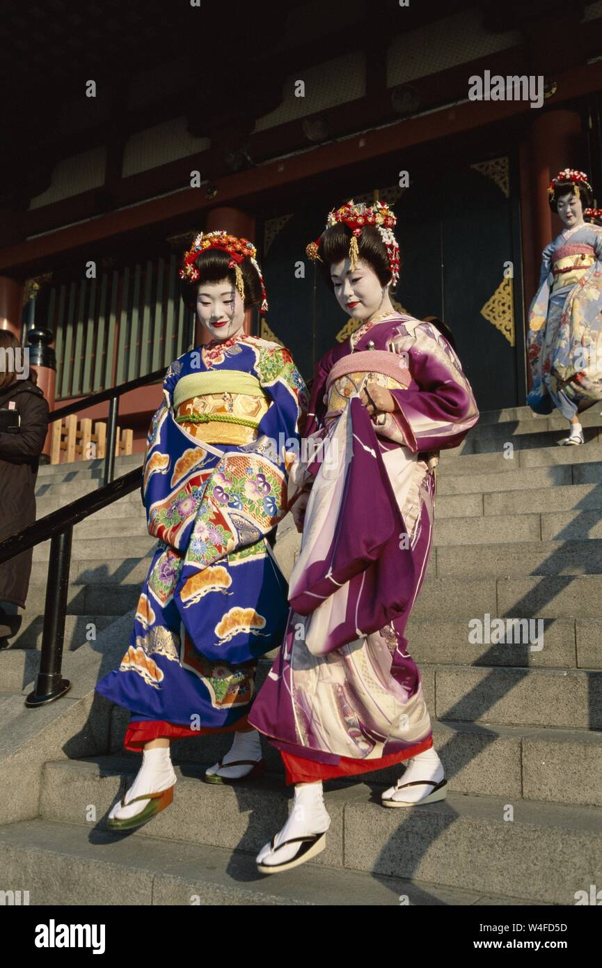 Japan, Honshu, Tokyo, Asakusa, Sensoji Temple, Girls Dressed as Geisha ...