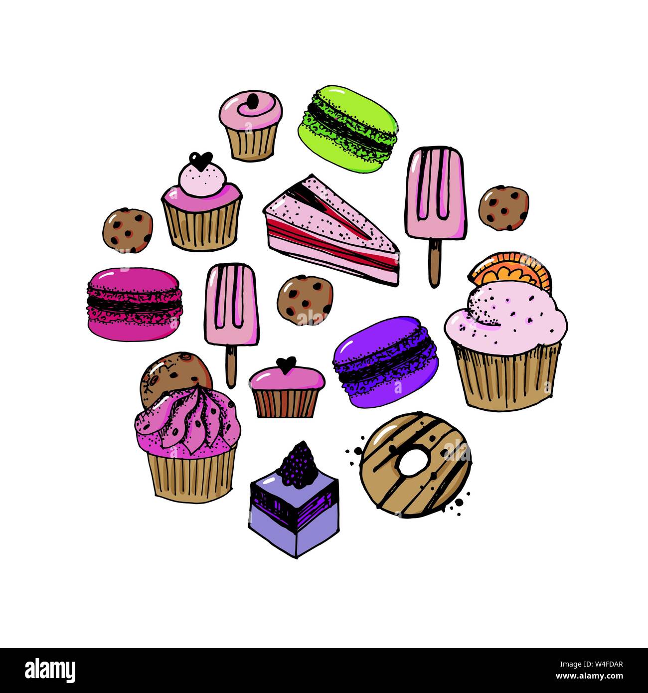 Vector set confectionery and sweets icons. Dessert, lollipop, ice cream ...