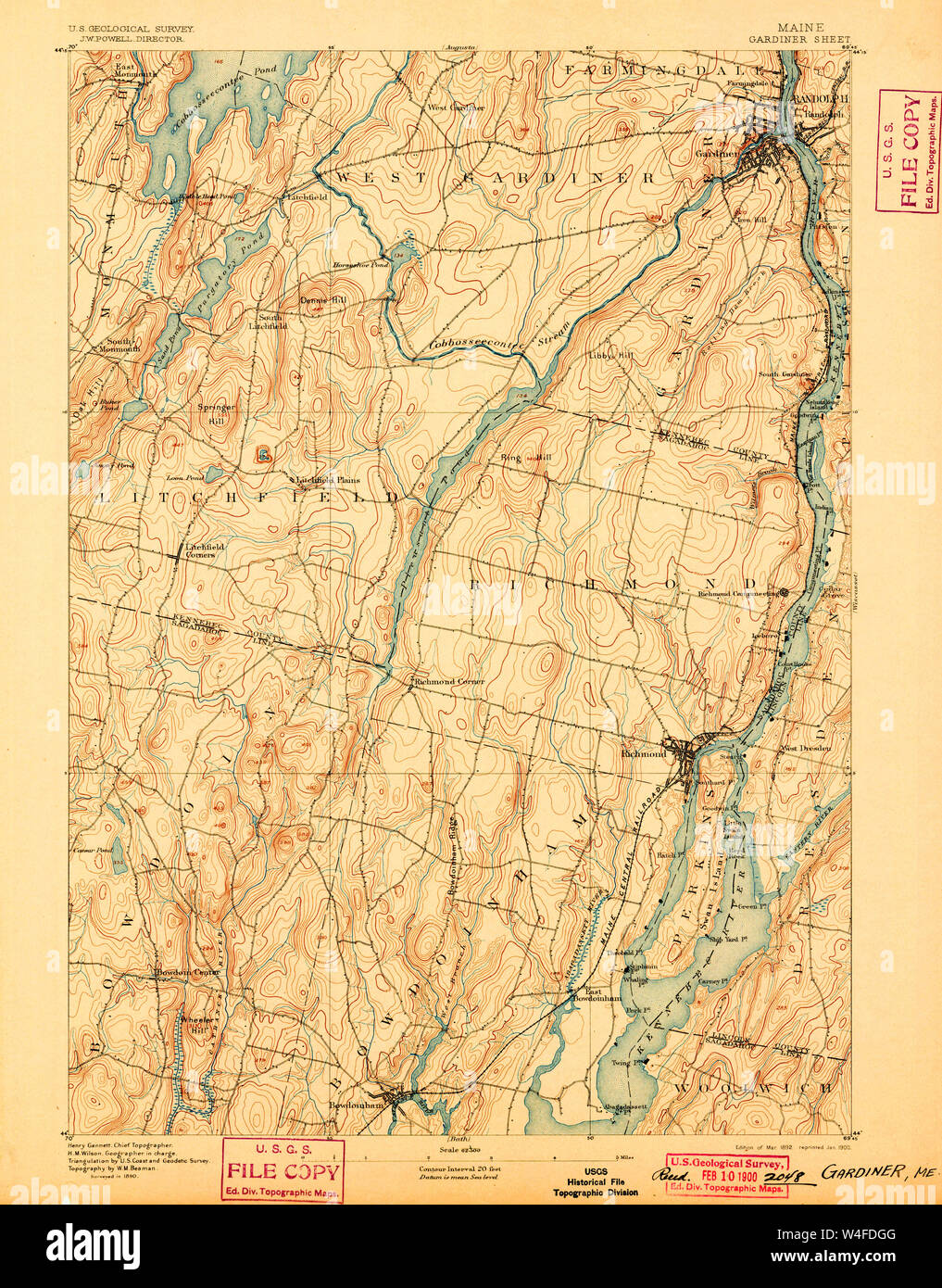 Maine USGS Historical Map Gardiner 807510 1892 62500 Restoration Stock ...