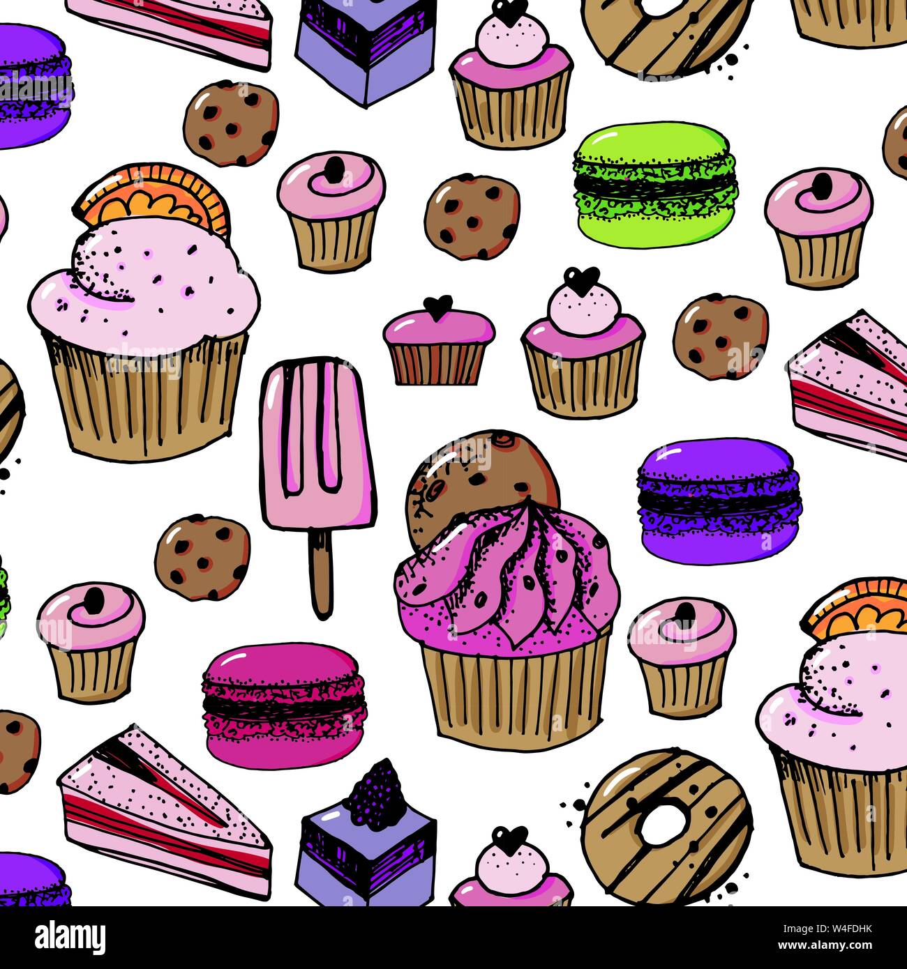 Birthday seamless pattern with sweets - ice cream, donuts, cupcakes ...