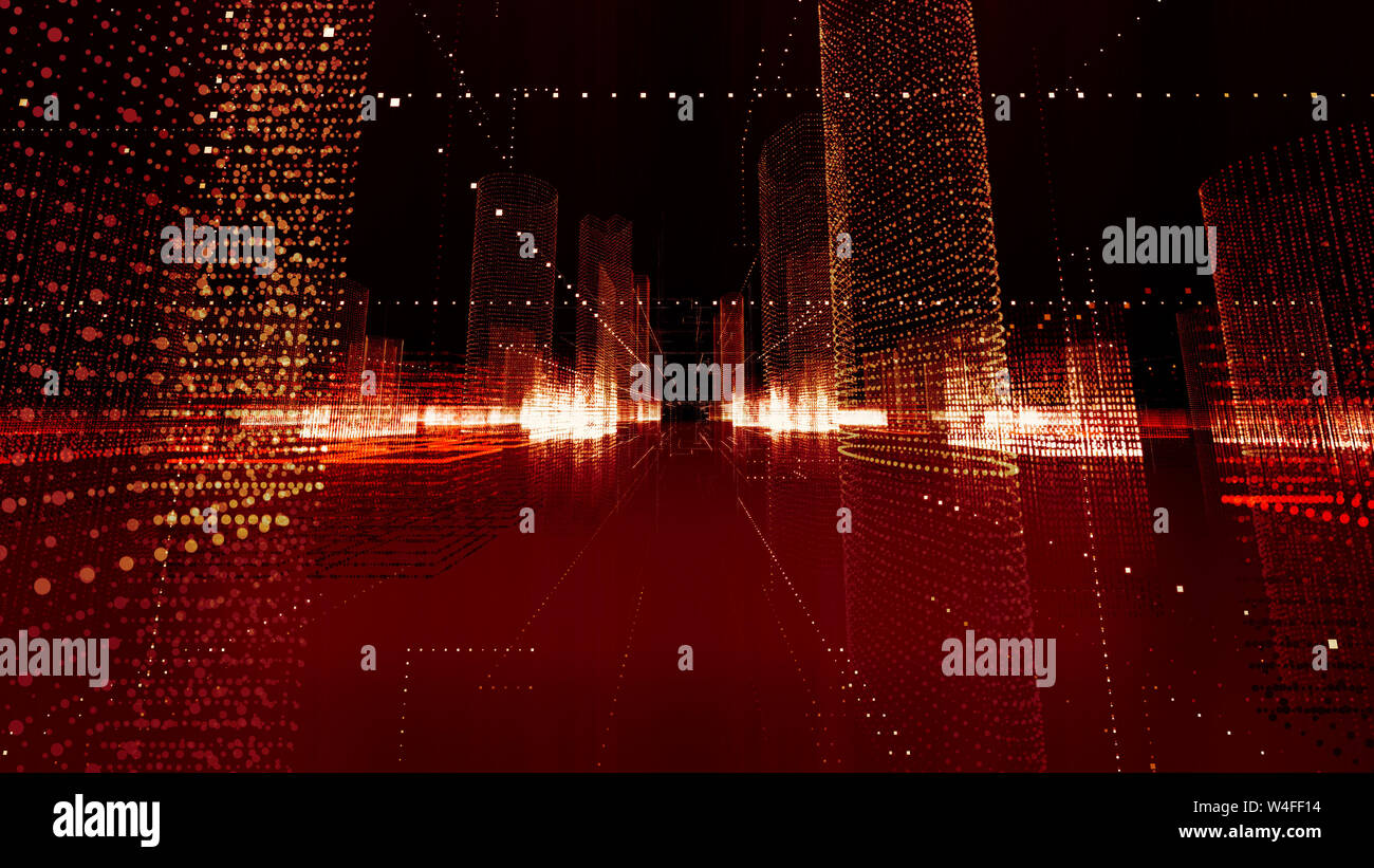 Futuristic matrix hologram city. Digital blueprint of buildings with particles Stock Photo - Alamy