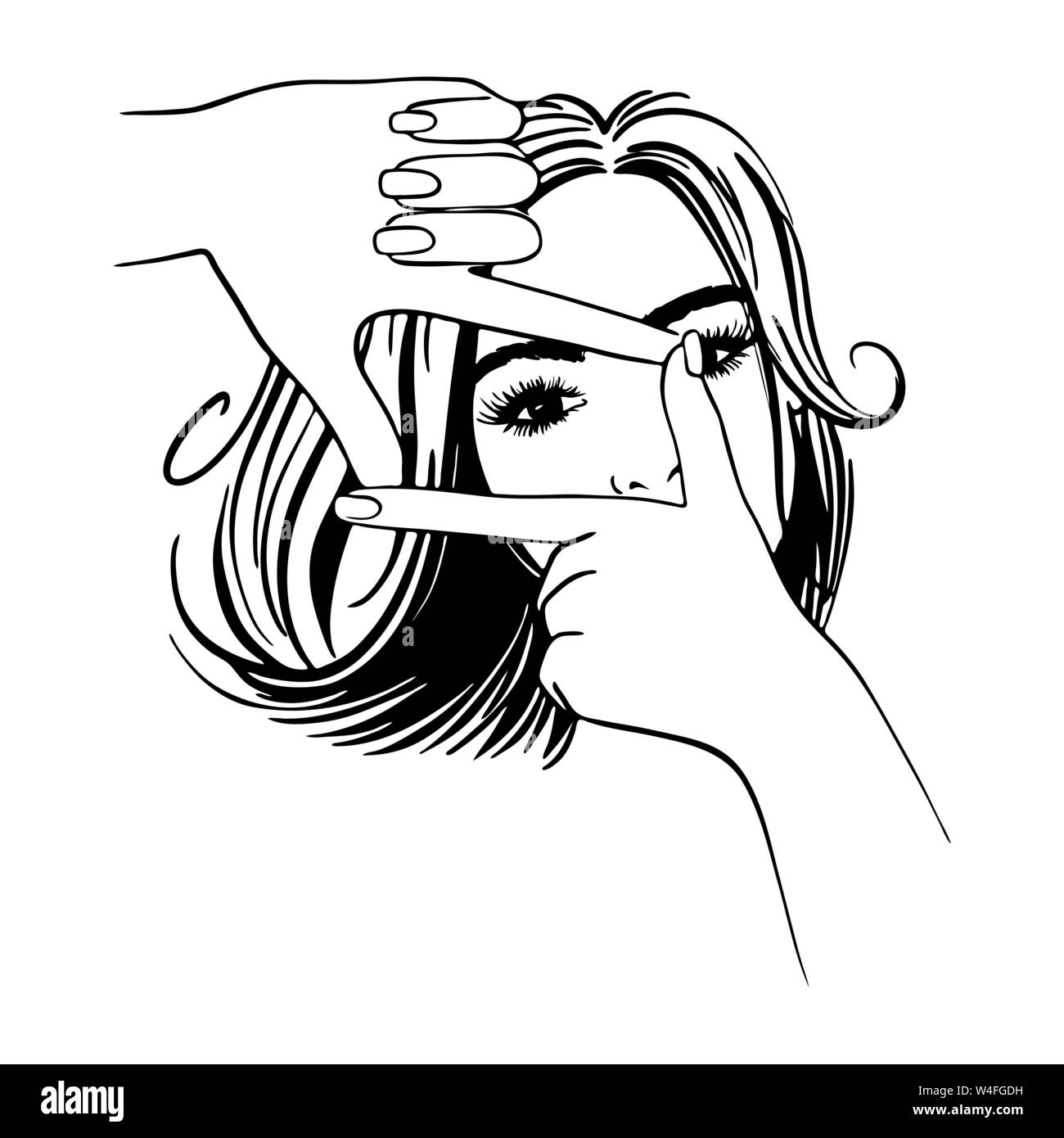 Beautifull woman with medium length hair looking through a hand frame ...