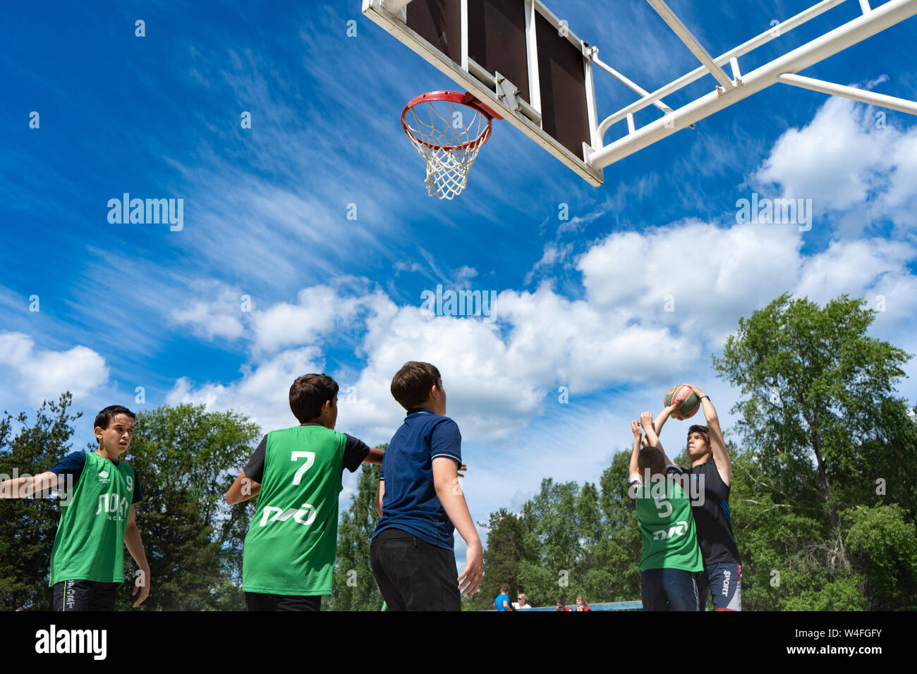 Chelyabinsk Region, Russia - June 2019. Basketball players in action on ...