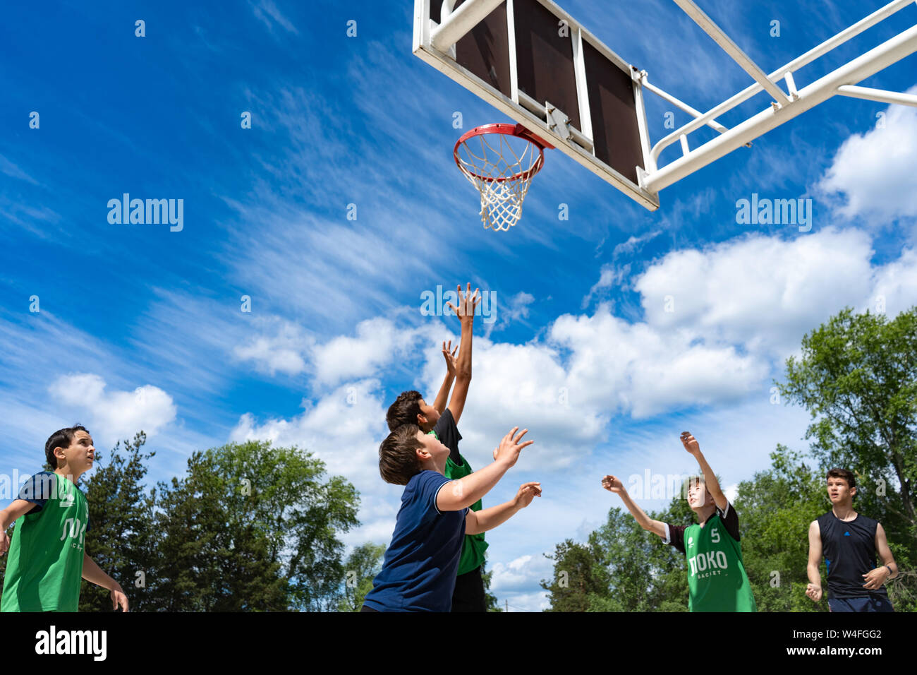 Chelyabinsk Region, Russia - June 2019. Basketball players in action on ...