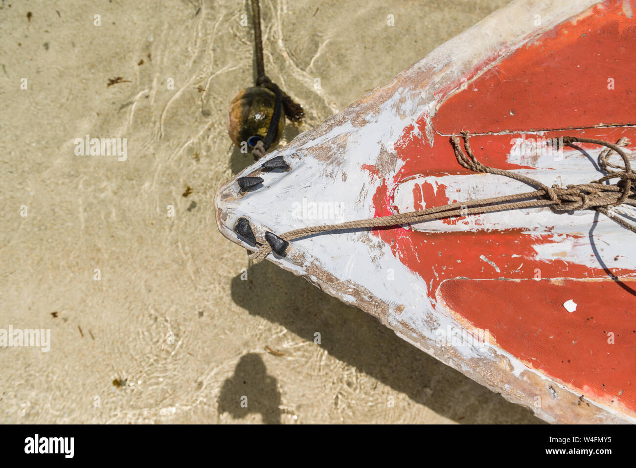 Old boat bow and buoy close up. The nose of the old boat. View from ...