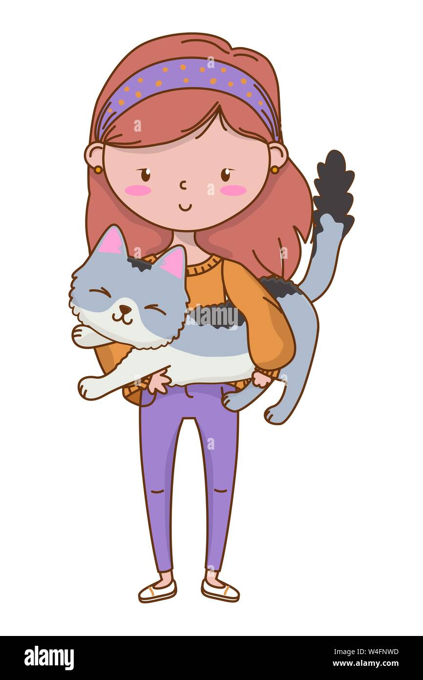 Girl with cat cartoon design, Mascot pet animal domestic cute life ...