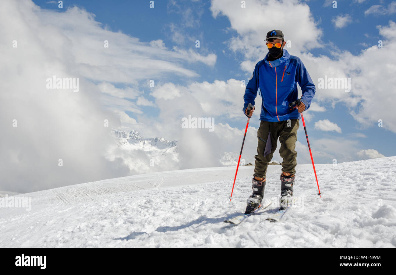 Portrait of skier in the snowscape at Gulmarg Gondola Phase 2 ...