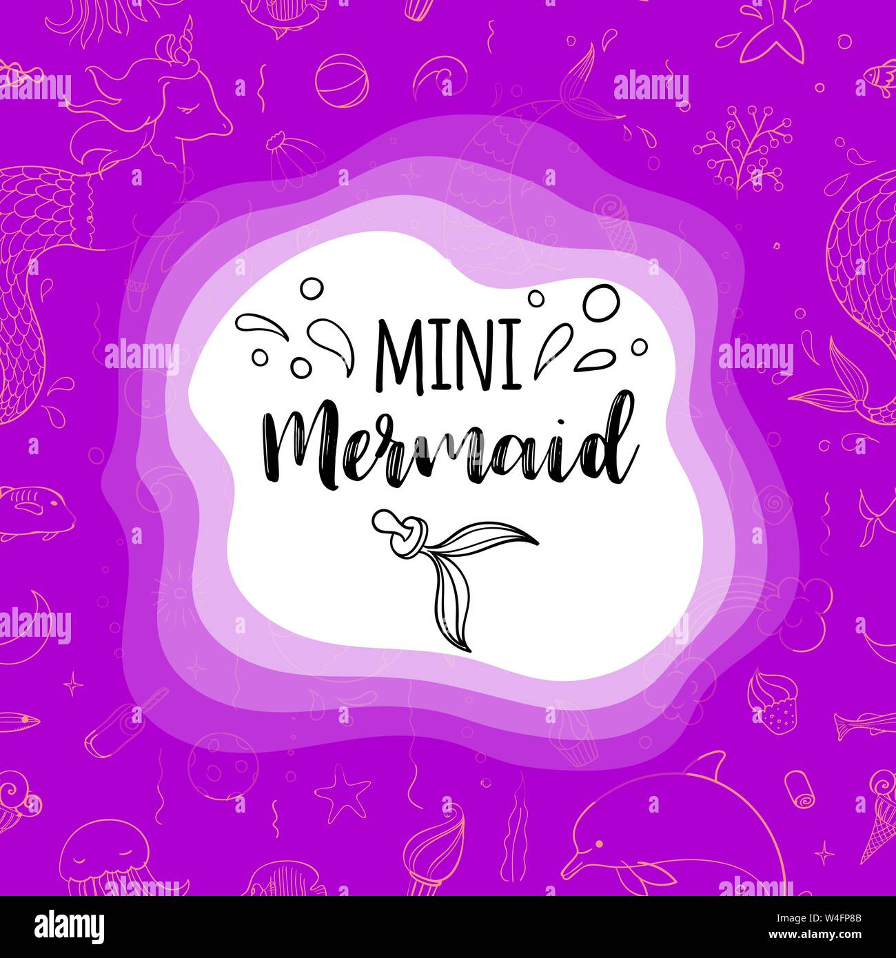 Typography design Mini mermaid. Seamless pattern with fantasy doodles ...
