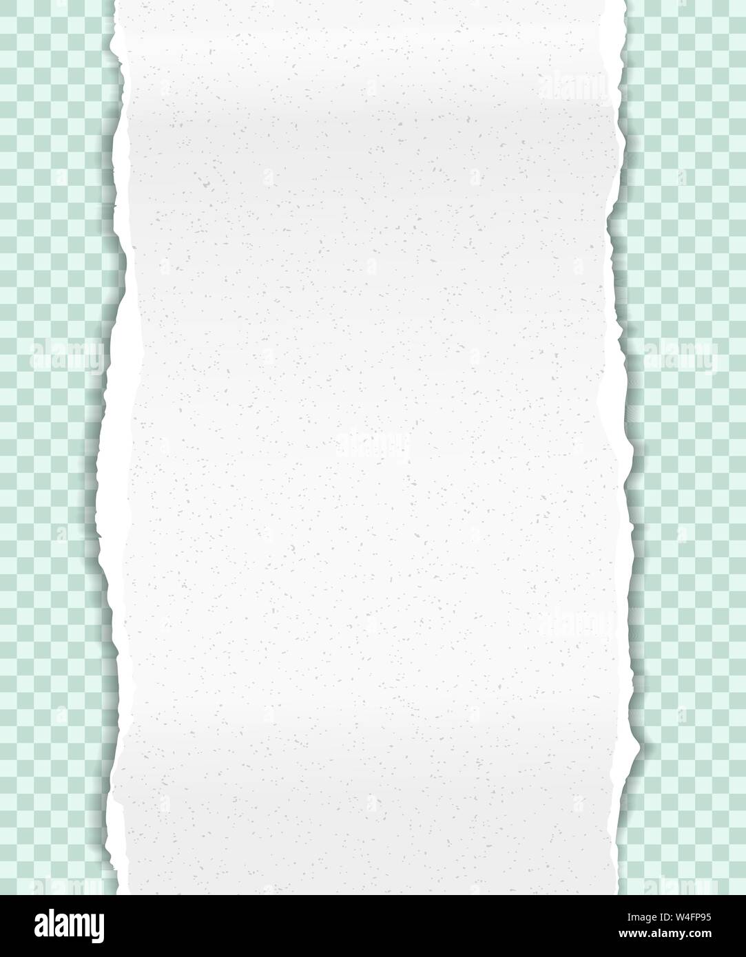 Torn note, notebook, grainy vertical paper strip stuck on light green ...