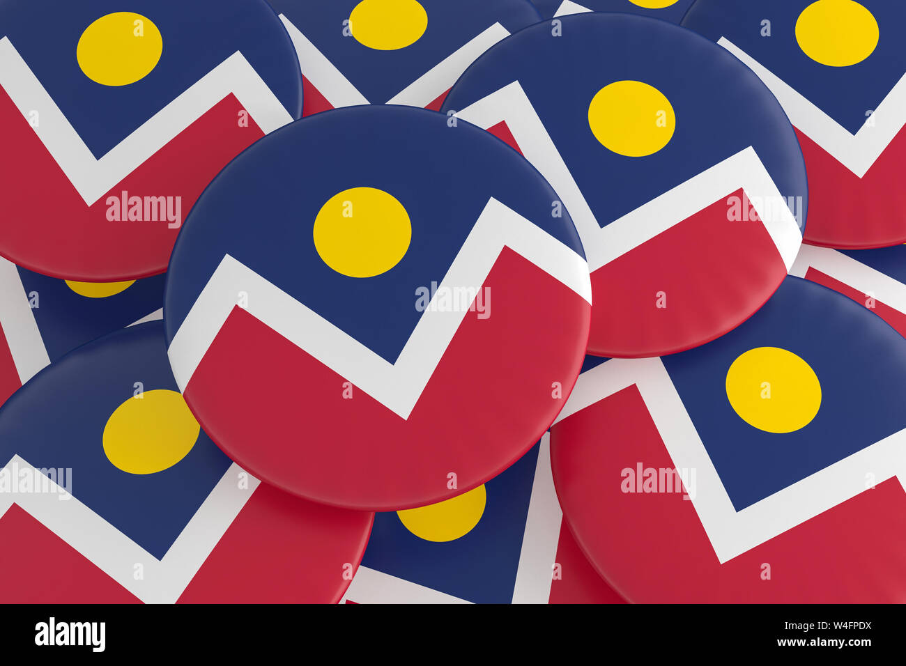 US City Buttons: Pile of Denver, Colorado Flag Badges, 3d illustration ...