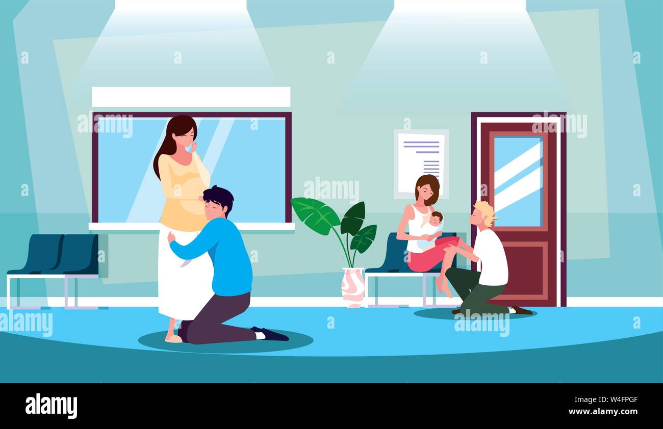 cute couple pregnancy in waiting room vector illustration design Stock ...
