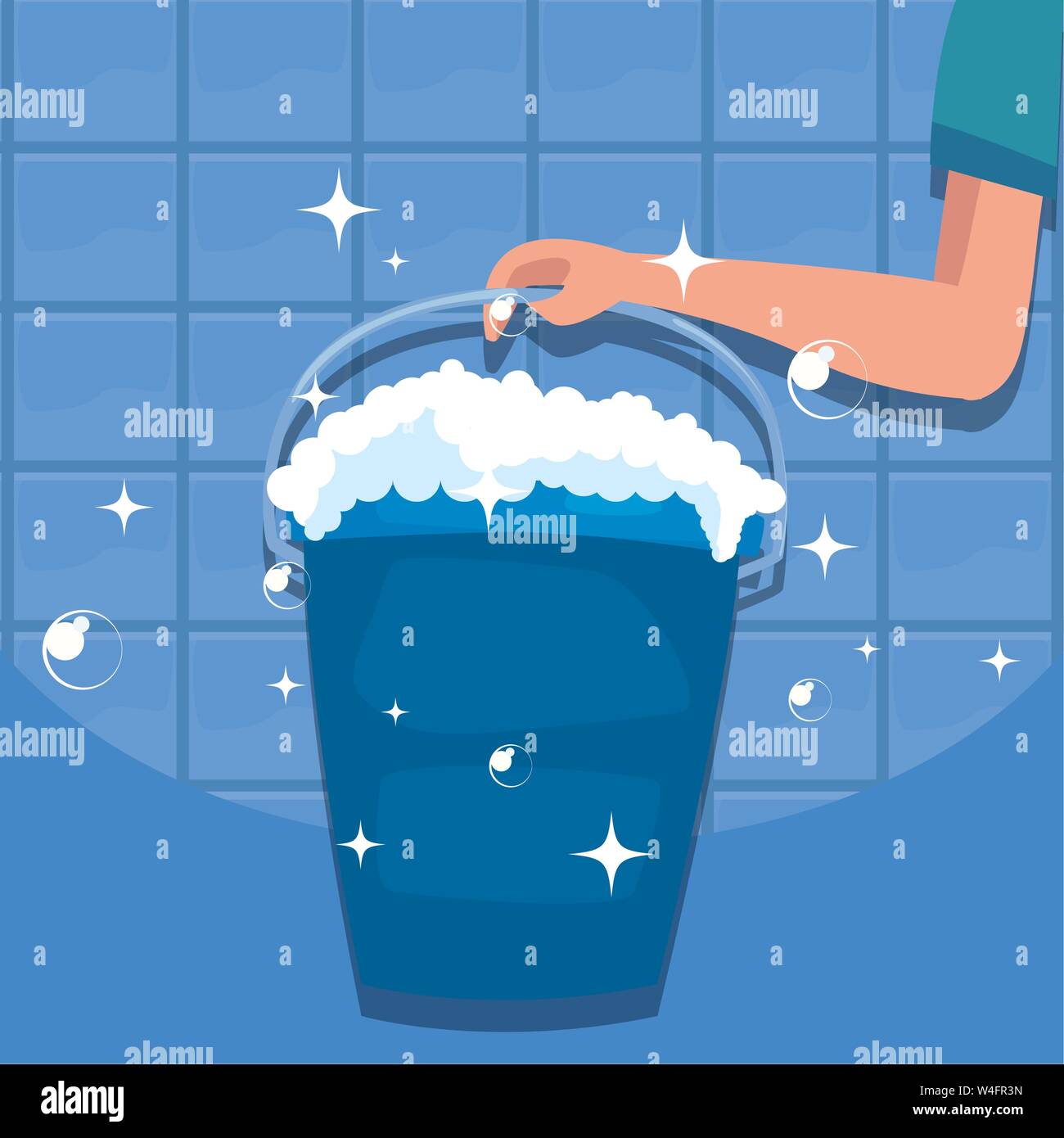 hand with bucket bubbles cleaning products and supplies vector ...
