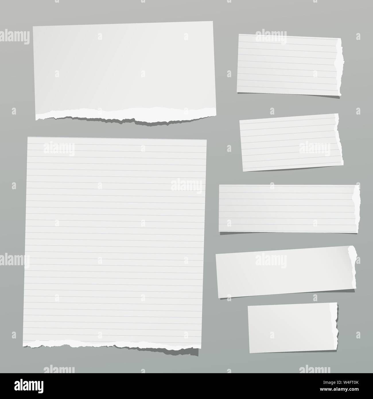 Set of torn note, notebook lined and blank paper sheets, strips stuck ...