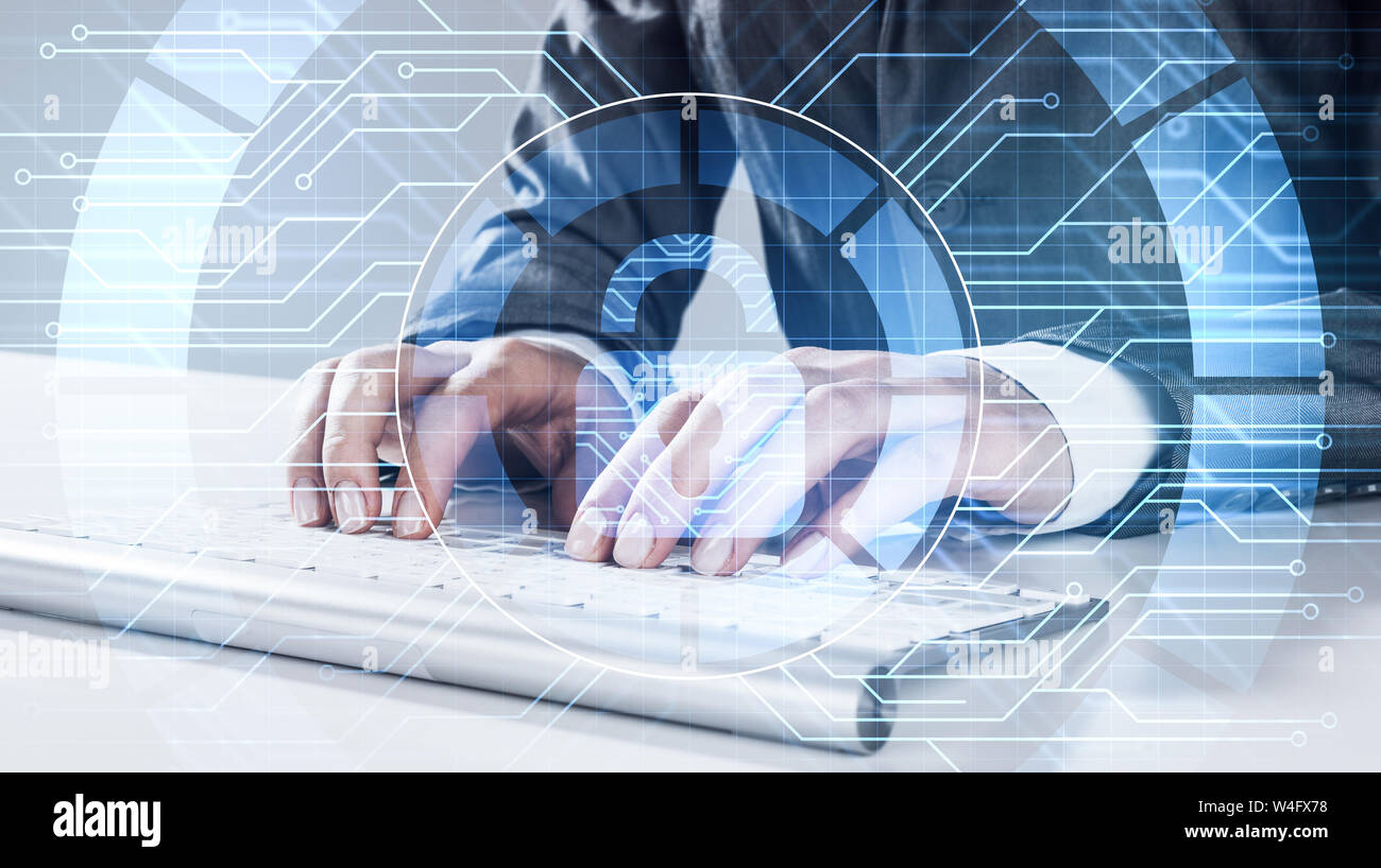 Close up of female hands using computer keyboard and lock icon on ...