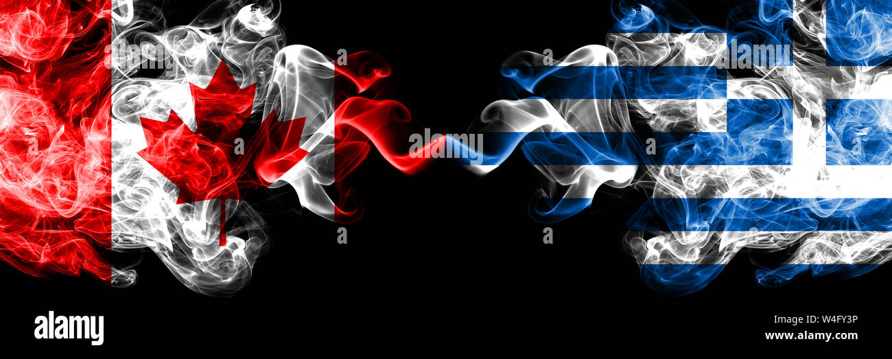 Canada vs Greece, Greek smoky mystic flags placed side by side. Thick ...