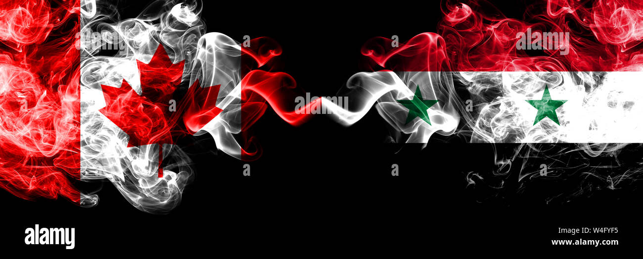 Canada vs Syria, Syrian smoky mystic flags placed side by side. Thick ...