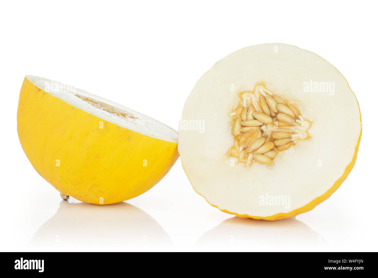 Group of two halves of fresh yellow melon canary cross section isolated ...