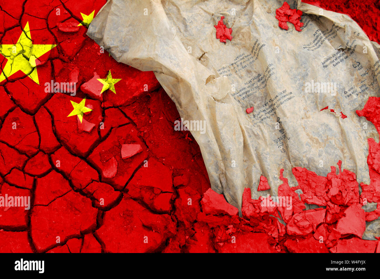 The flag of China, the flag is depicted on cracked earth. Ecology ...