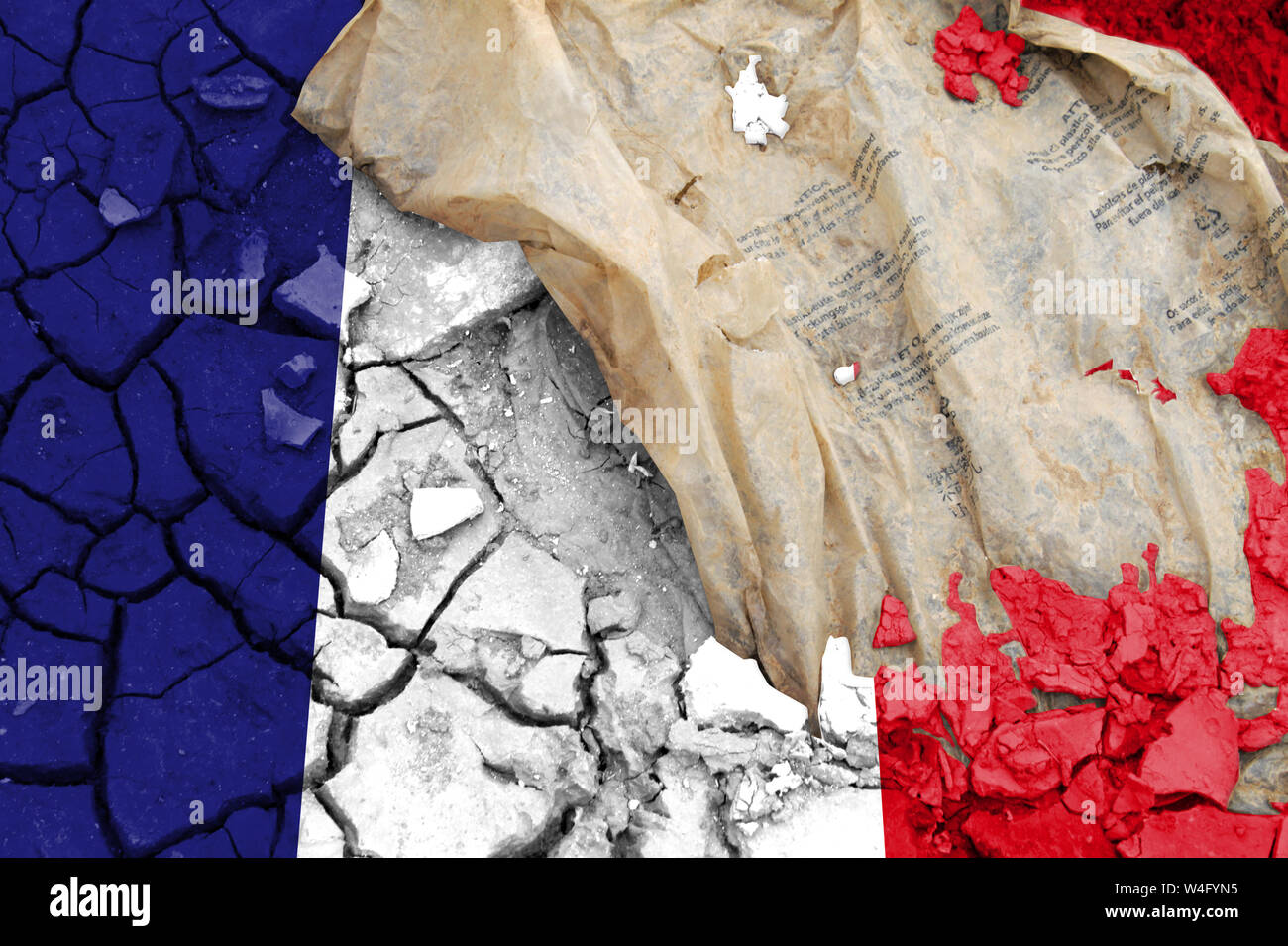 The flag of France, the flag is depicted on cracked earth. Ecology ...