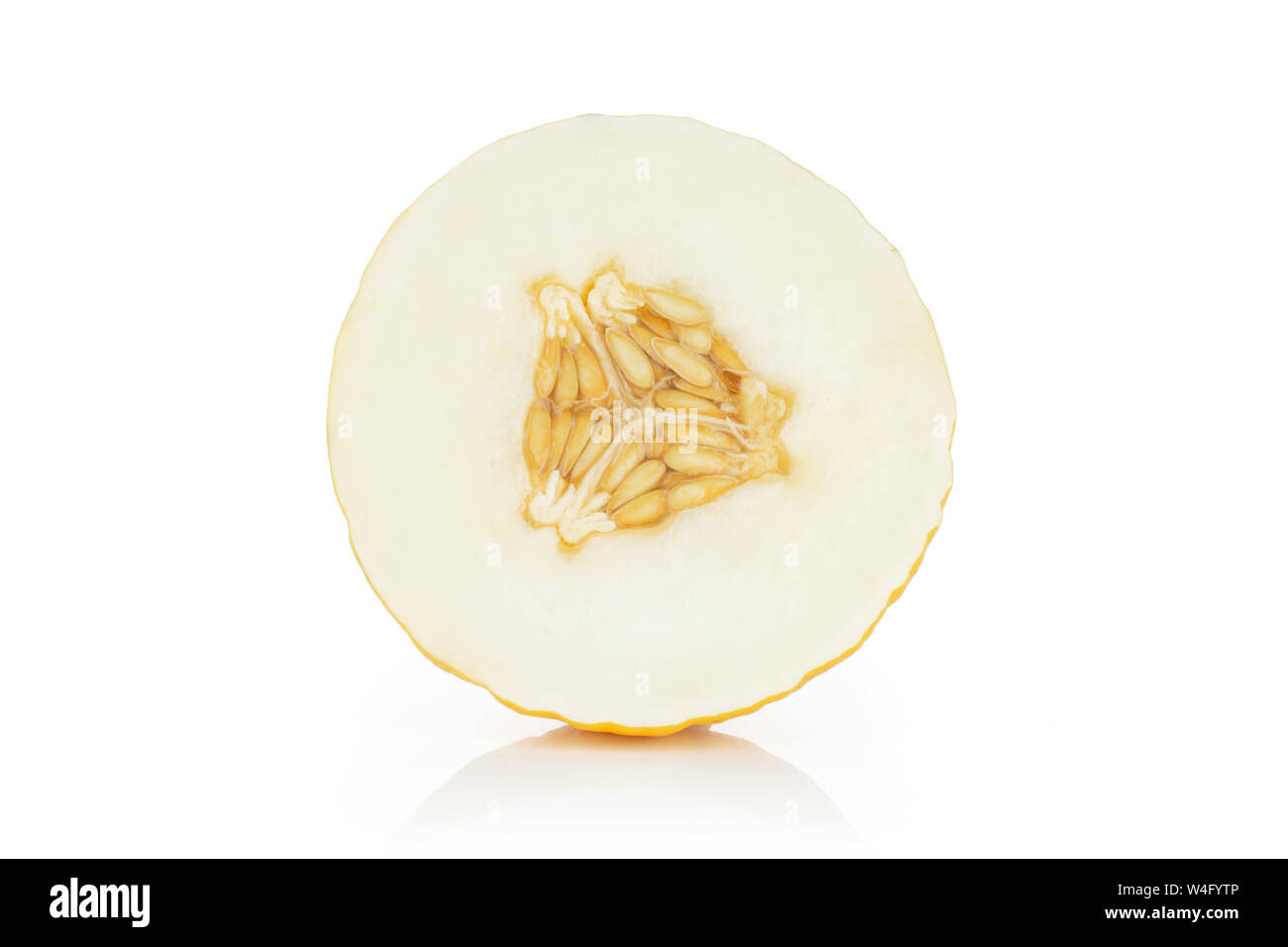 One half of fresh yellow melon canary cross section isolated on white ...