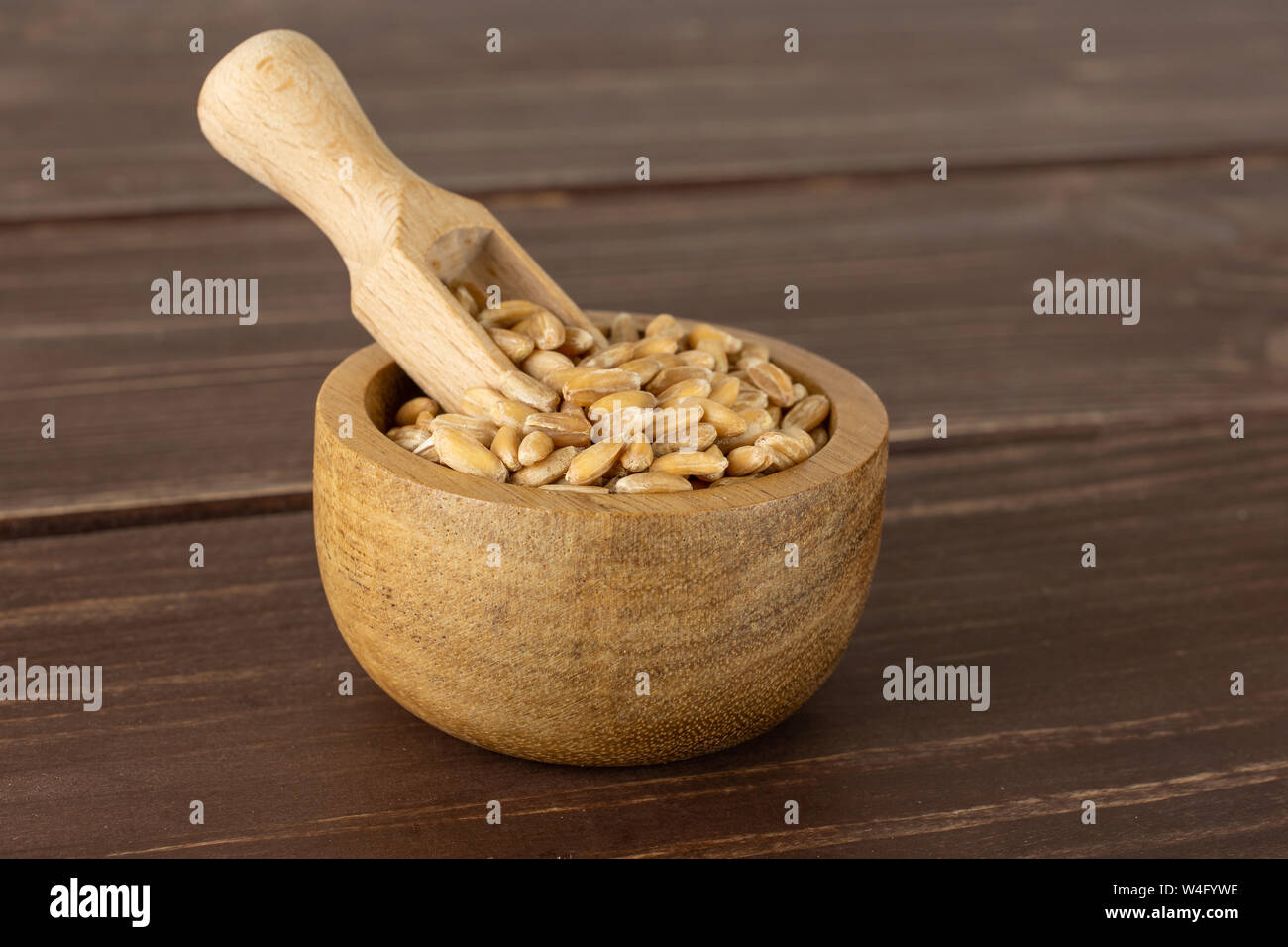 Lot of whole fresh beige dinkel wheat grain in a wooden bowl with ...