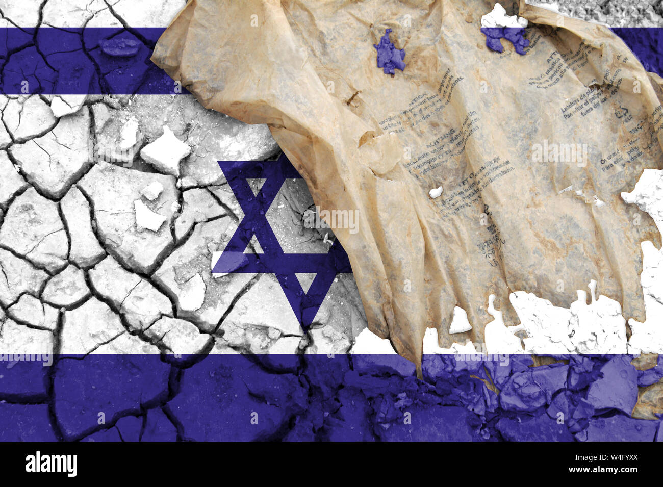 The flag of Israel, the flag is depicted on cracked earth. Ecology ...