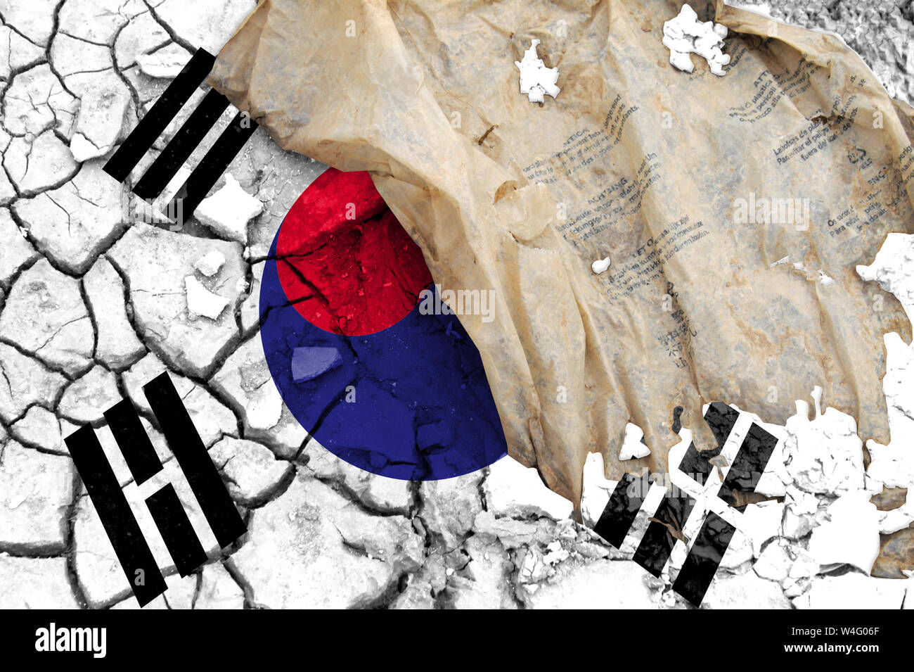 The flag of South Korea, the flag is depicted on cracked earth. Ecology ...