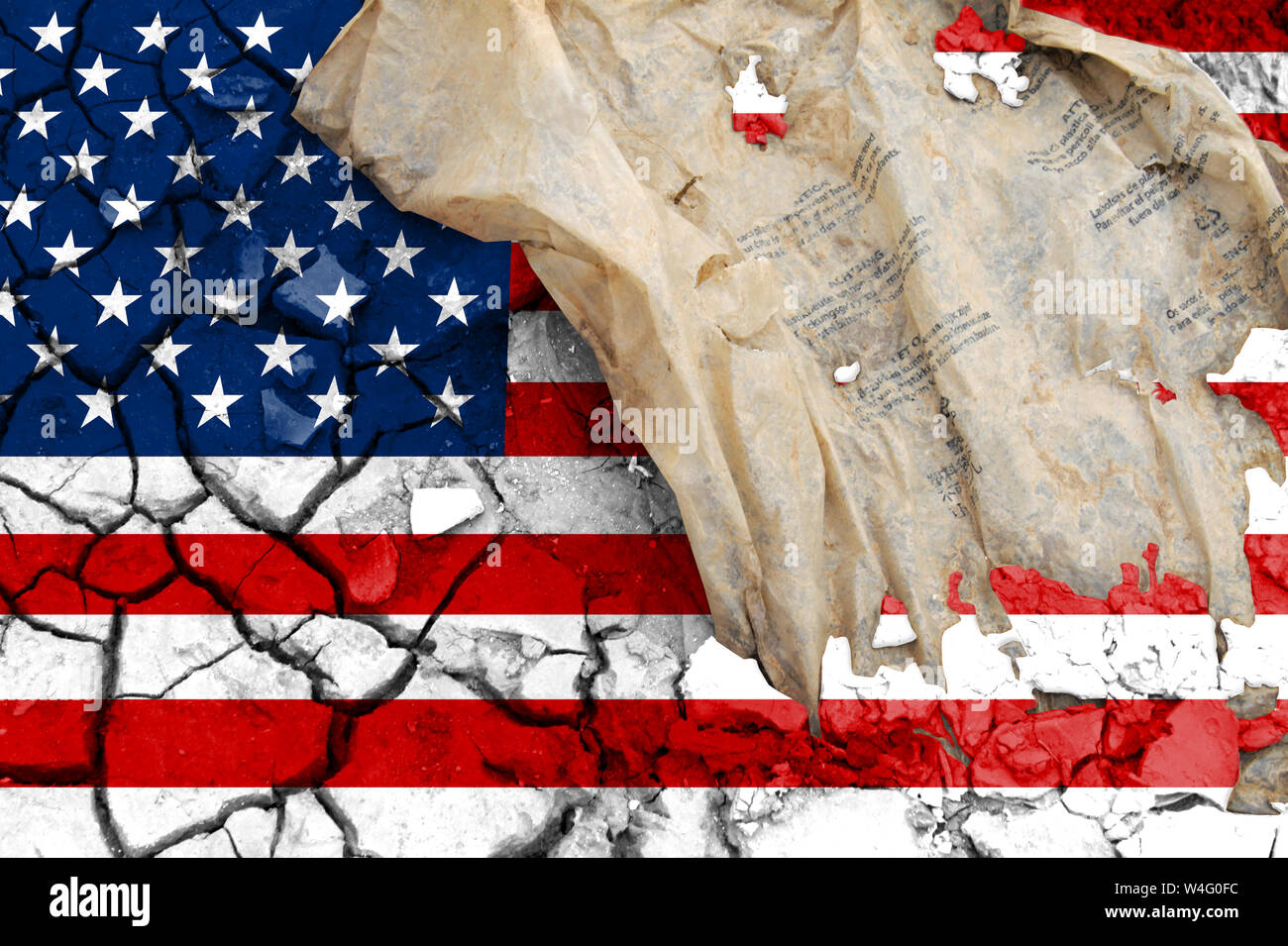 The flag of America, the flag is depicted on cracked earth. Ecology ...