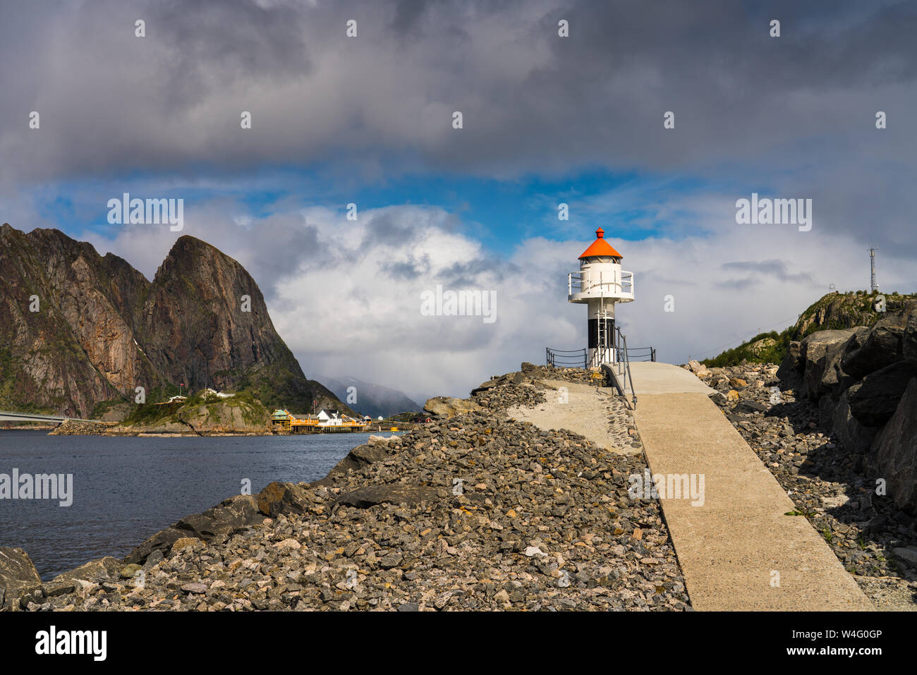 Lighthouse at the entrance to Reine Fjord, Lofoten Islands, Norway ...