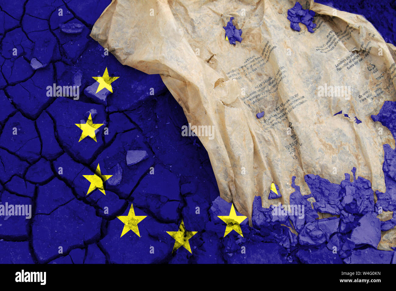 The flag of European Union, the flag is depicted on cracked earth ...